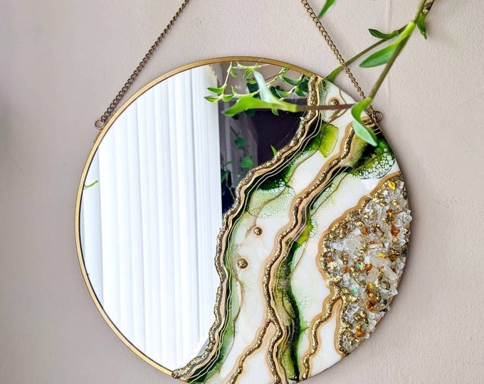 12 Diameter Resin Geode Mirror With Chain, Resin Geode Wall Art, Green ...