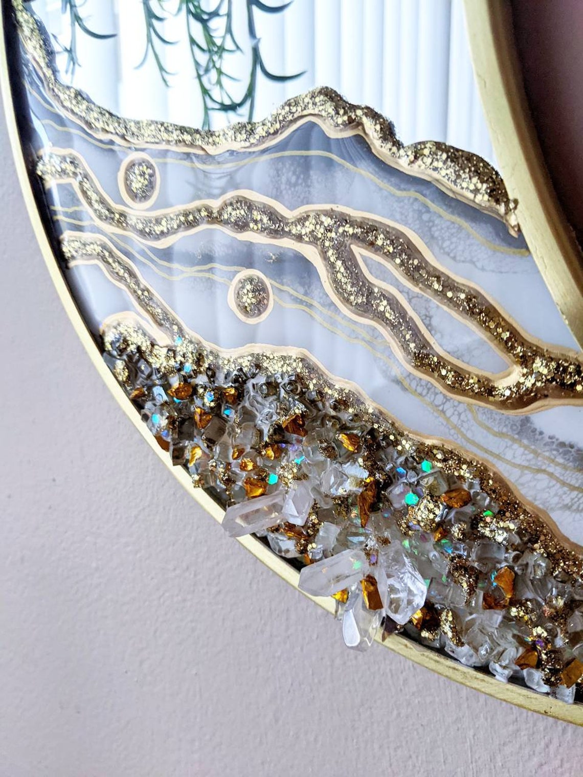 14 Crescent Moon Mirror With Resin Geode Accents Resin | Etsy
