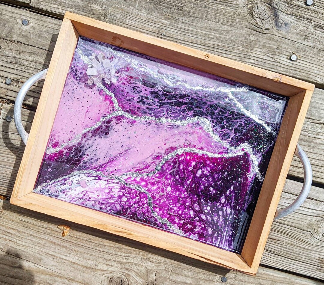 Purple Acrylic Paint Pour Tray, Fluid Art Style, Crystal Cluster Accent ...
