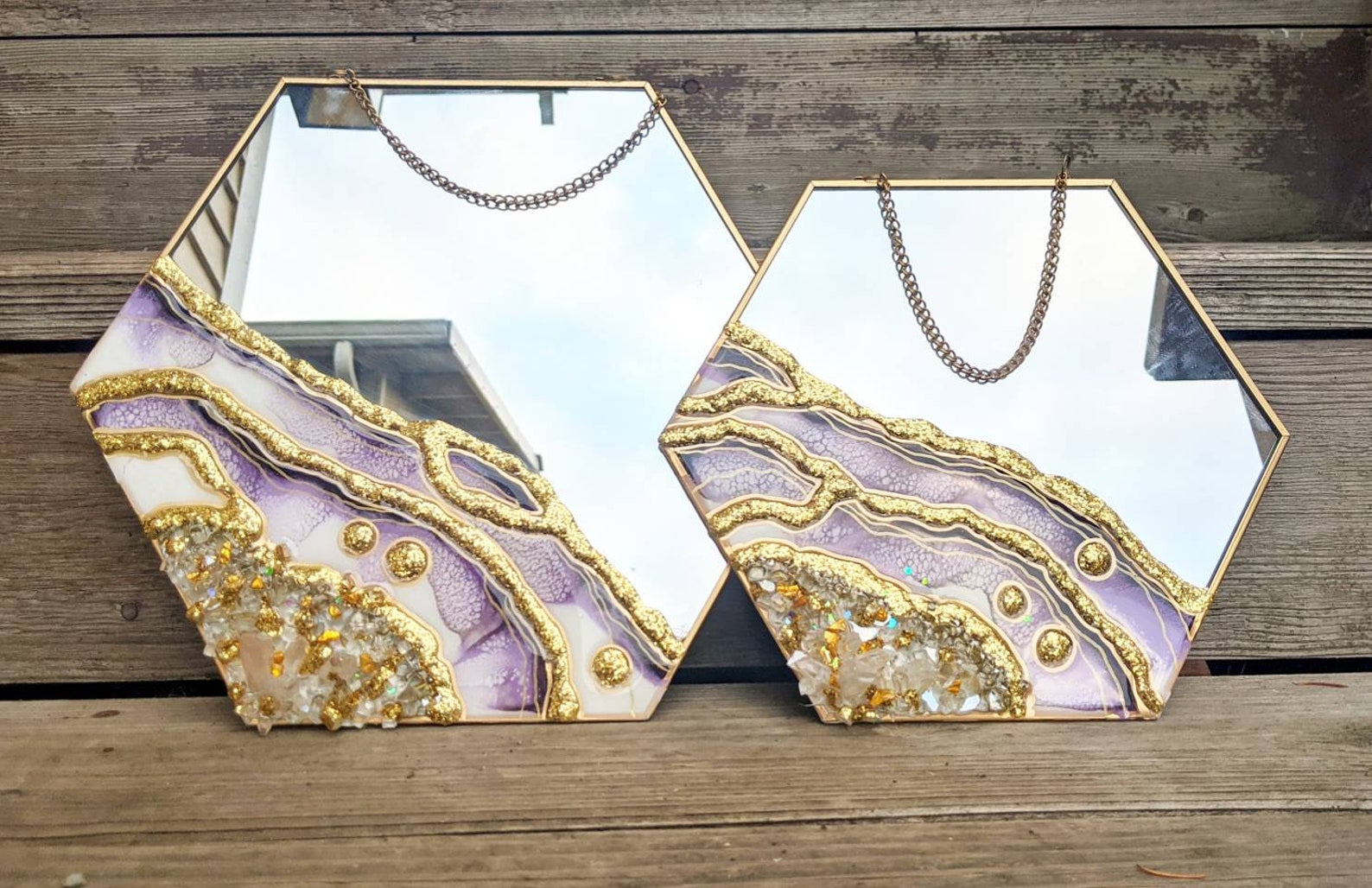 Set of Two Purple Resin Geode Mirrors Hexagon Mirrors - Etsy