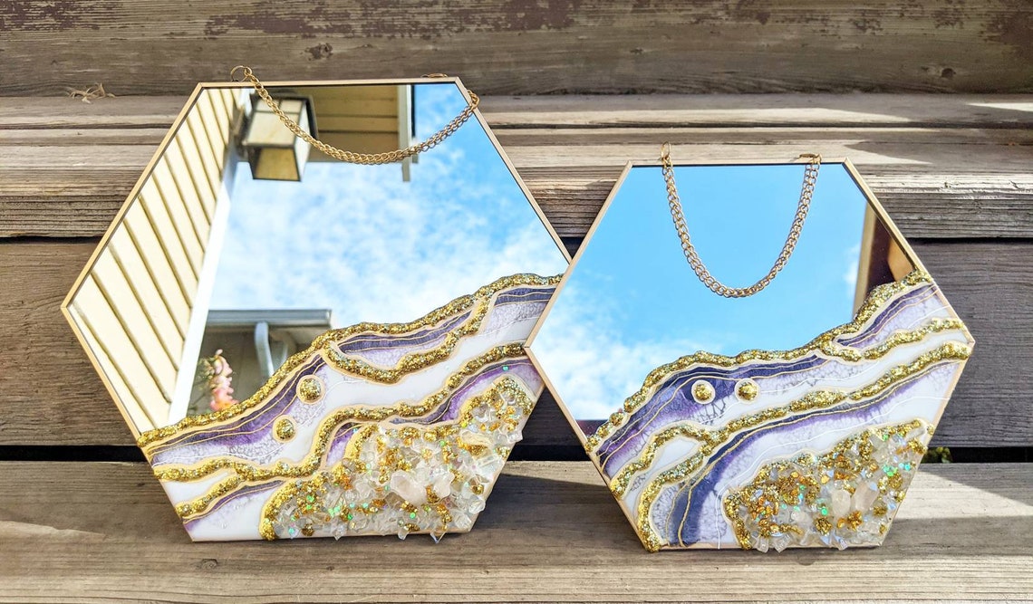 Set of Two Purple Resin Geode Mirrors Hexagon Mirrors - Etsy