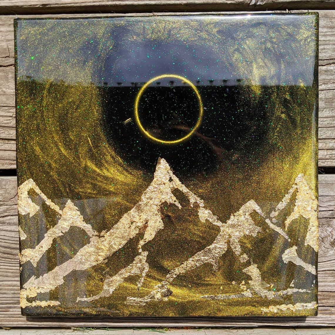 Mountain Eclipse Moon Golden Sky resin art with gold foil | Etsy