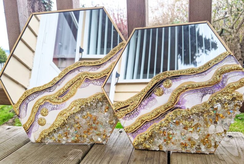 Set of Two Purple Resin Geode Mirrors Hexagon mirrors | Etsy