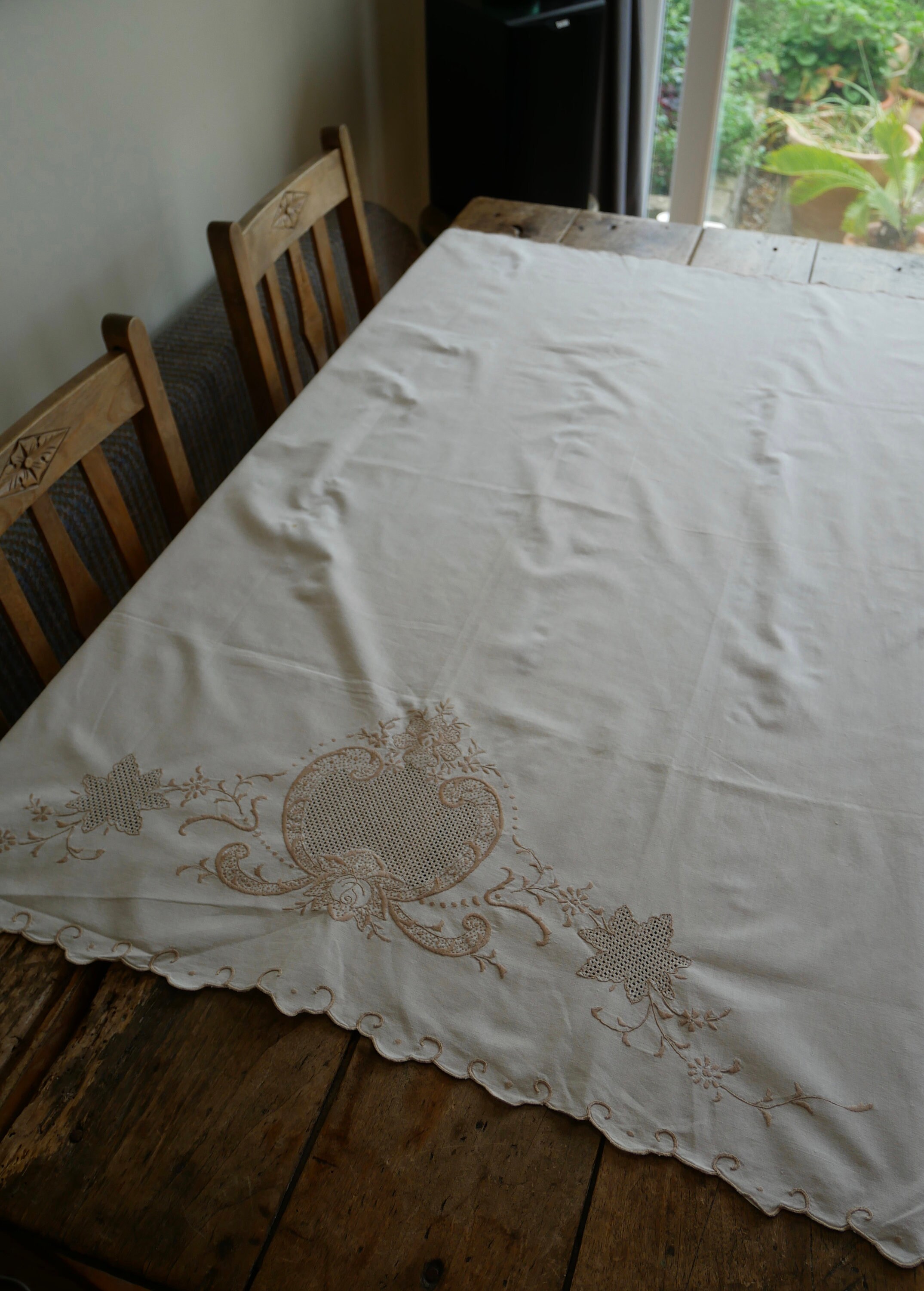 Vintage Cream Cotton Tablecloth with Machine Embroidery | Etsy