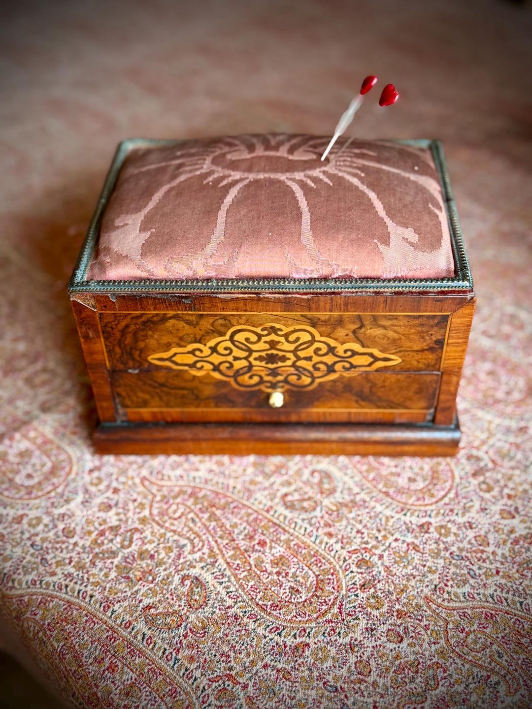 Antique Marquetry Box - Miniature Sewing Box With Padded Lid - Etsy