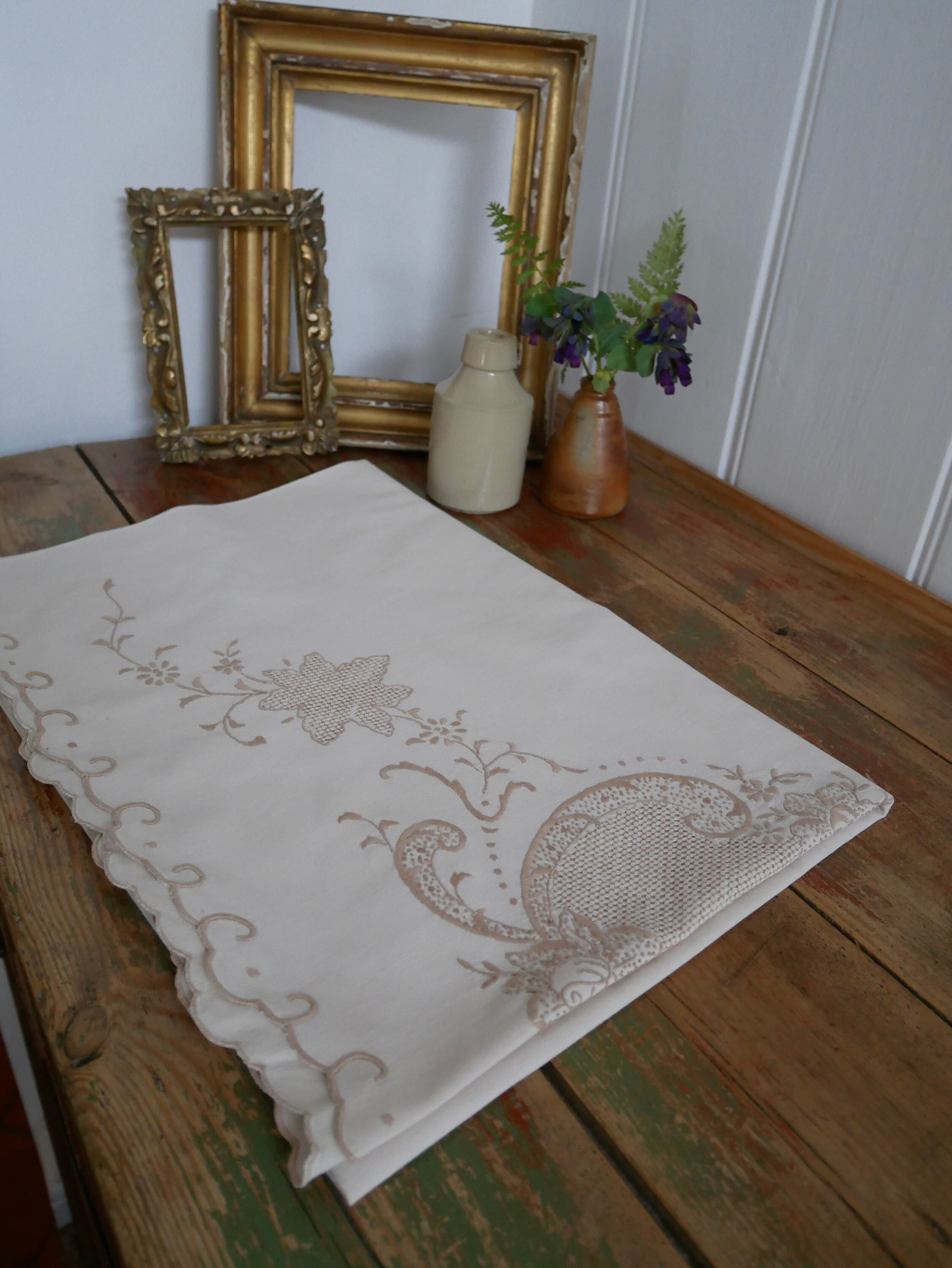 Vintage Cream Cotton Tablecloth with Machine Embroidery | Etsy