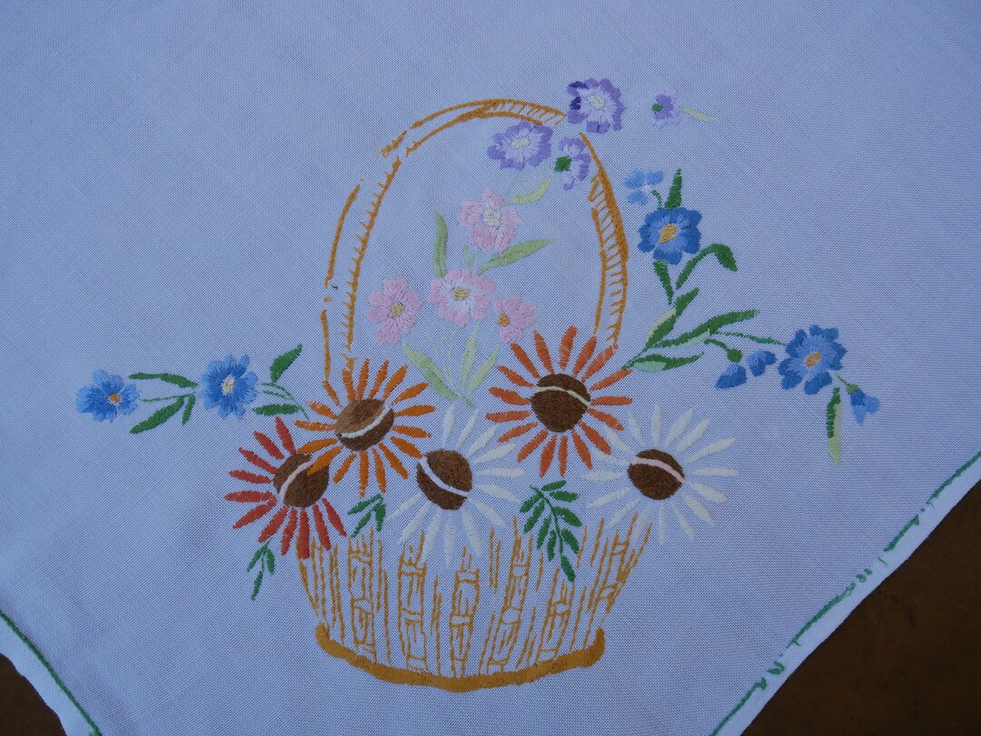 Vintage White Rayon Tablecloth With Hand Embroidered Flower Baskets ...