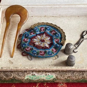 Victorian Box of Collectables Including Micro Beaded Purse and Sterling ...