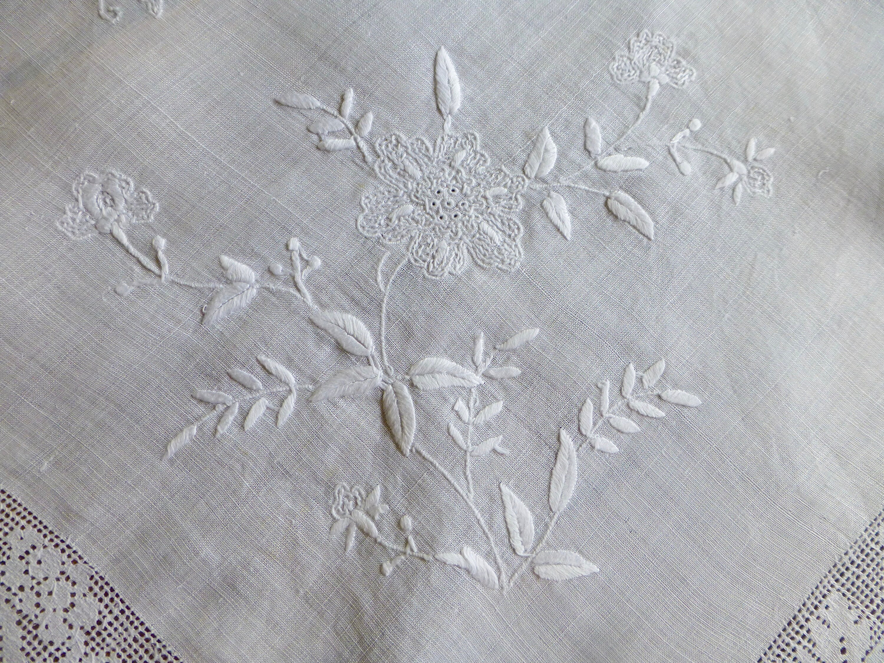 Vintage Fine White Linen Embroidered Tablecloth with Drawn | Etsy