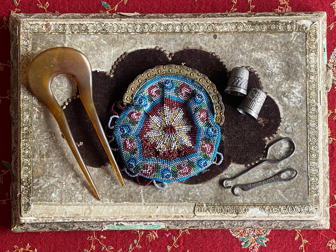 Victorian Box of Collectables Including Micro Beaded Purse and Sterling ...
