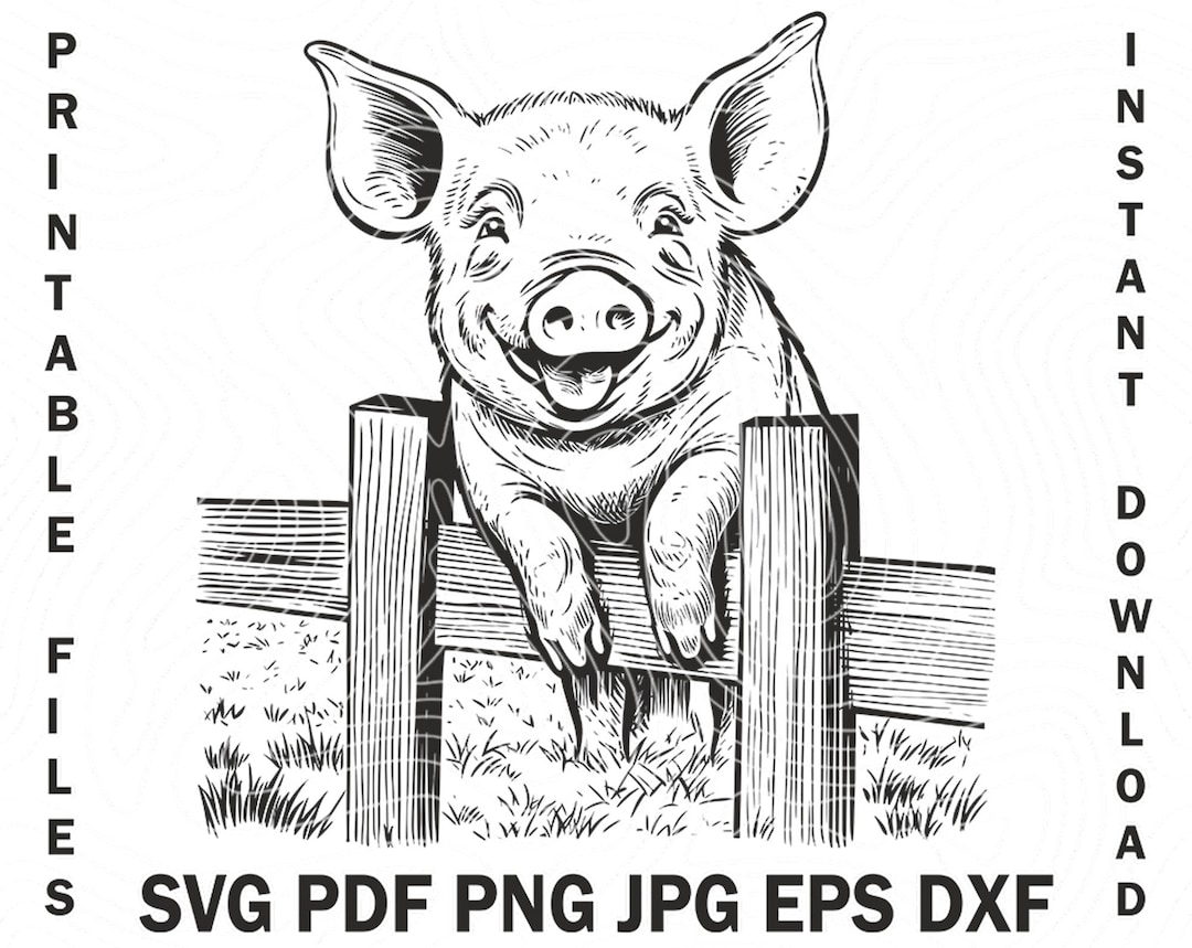 Cute Pig on a Fence SVG, Pig Face Clipart, Engraving Files for ...