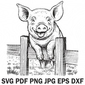 Cute Pig on a Fence SVG, Pig Face Clipart, Engraving Files for ...