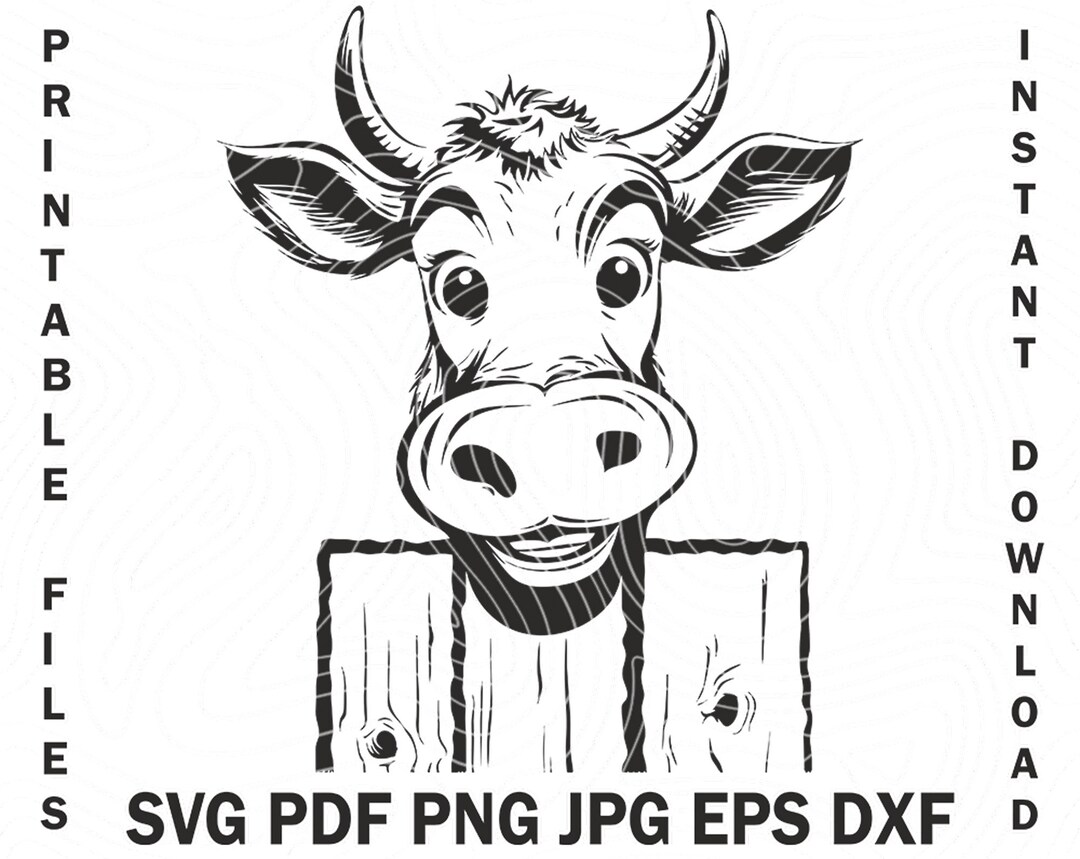 Smiling Cow Head Peeking Out From Behind a Fence, Cow Face, SVG Print ...