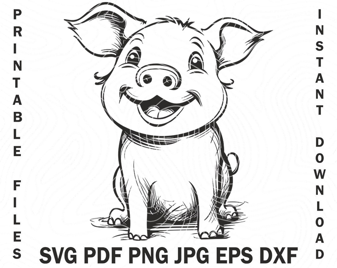 Black and White Vector Pig Cartoon Svg Files | Smiling Cute Pig Png ...