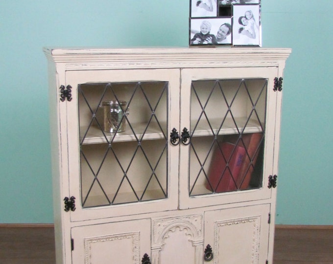 Cream Glass Display Cabinet Bookshelf With Leaded Glass Doors - Etsy
