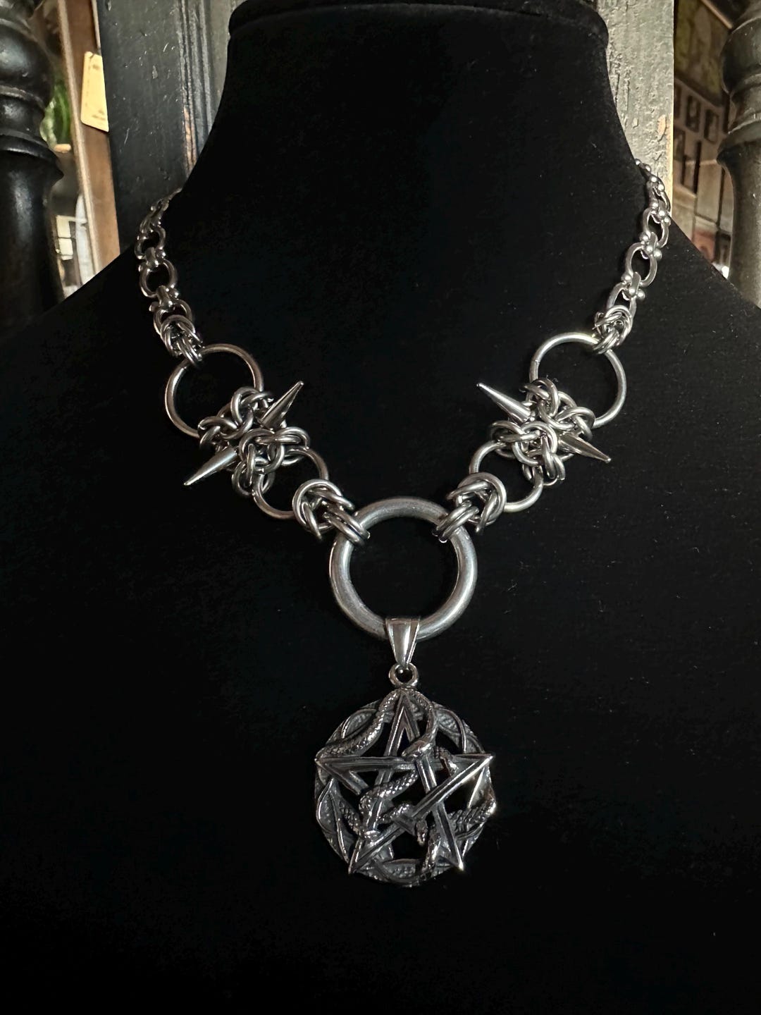Stainless Steel Partial Chainmail Snake Pentacle Necklace With Spikes ...