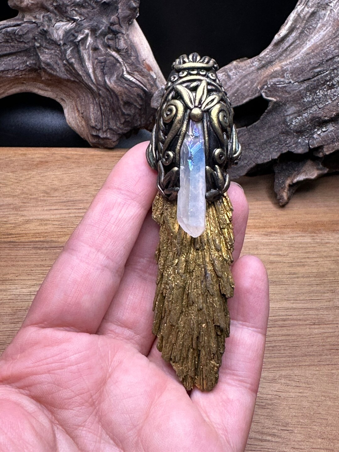 Gold Kyanite With Aura Quartz Point Amulet Pendant - Etsy