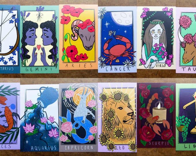 Zodiac Postcards Set of 12 Astrology Horoscope Tarot Card Sign Glyph ...