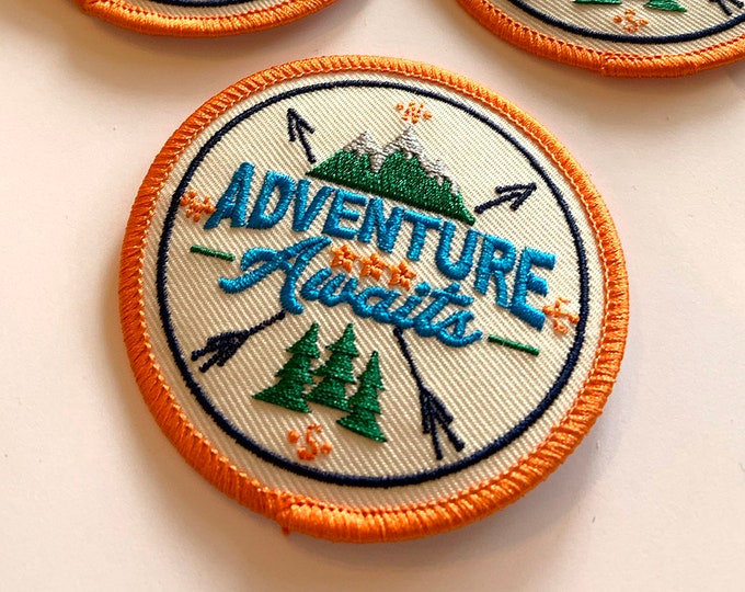 IRON ON PATCH Orange Adventure Awaits 2.78 Round Quality Iron on or Sew ...