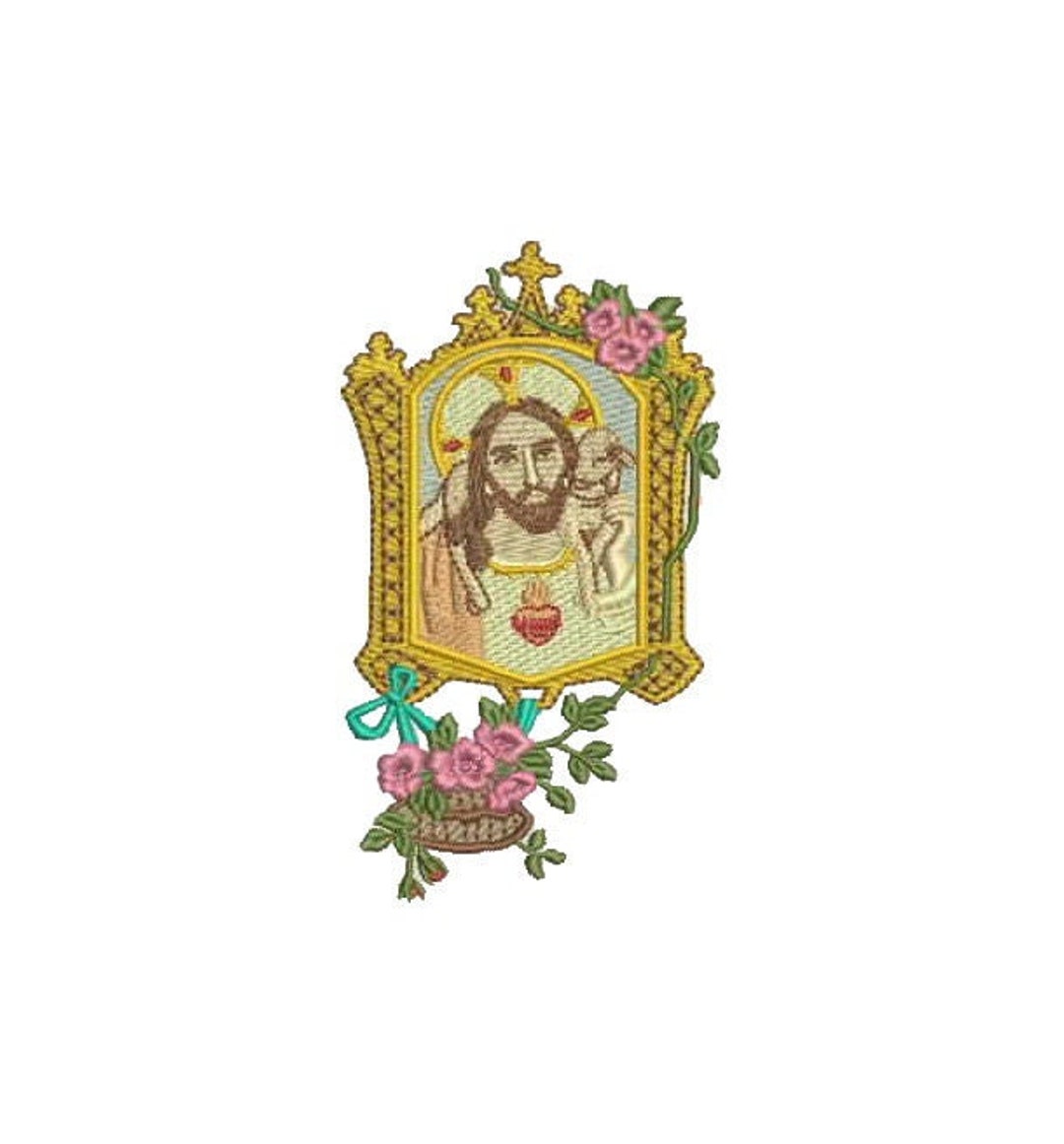 EMBROIDERY Sacred Heart of Jesus | Vintage Framed Jesus and Lamb ...