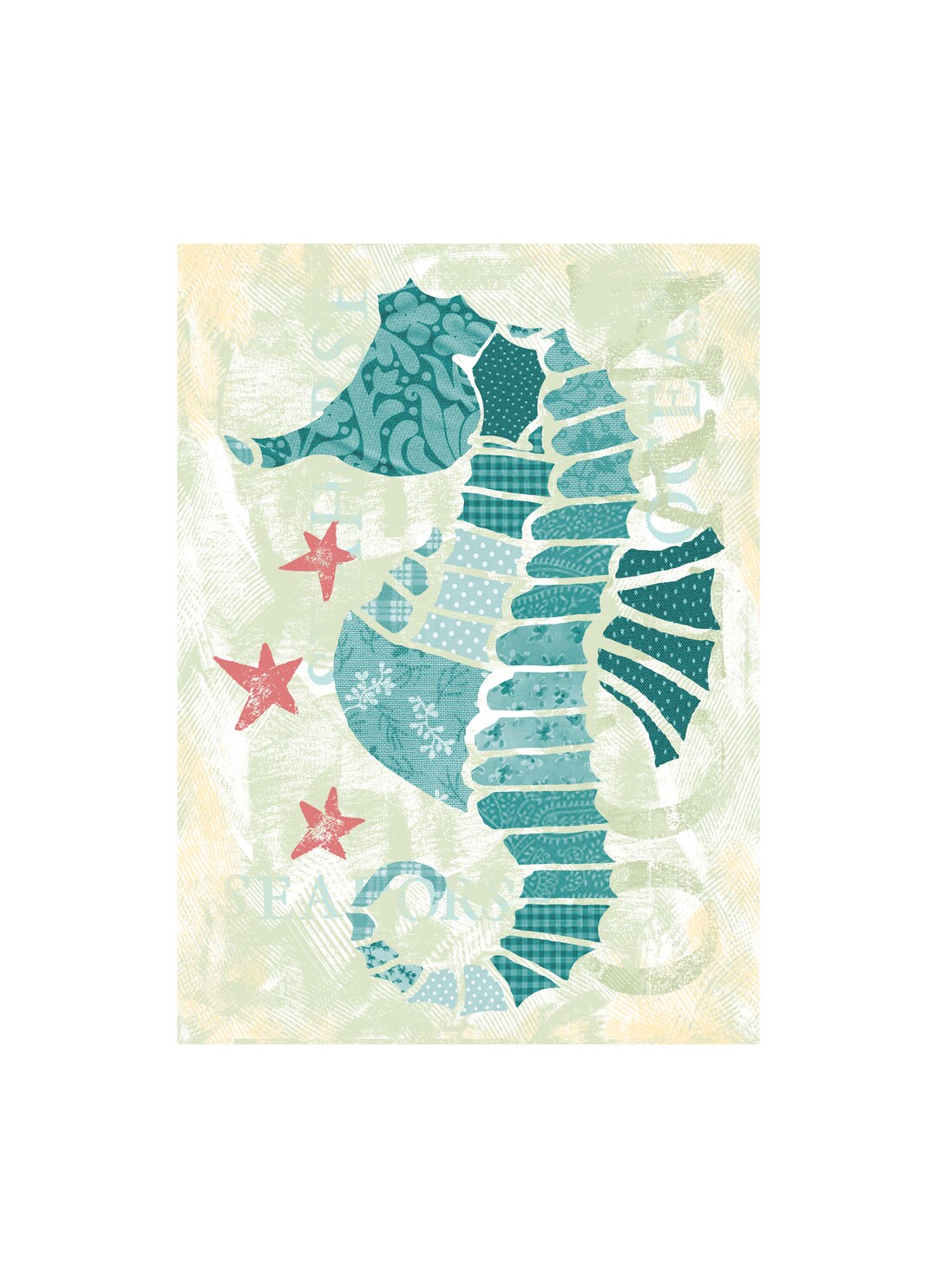 ART Patchwork Seahorse | Beach Decor | 8x10, 5x7 & 4x6 | Printable ...