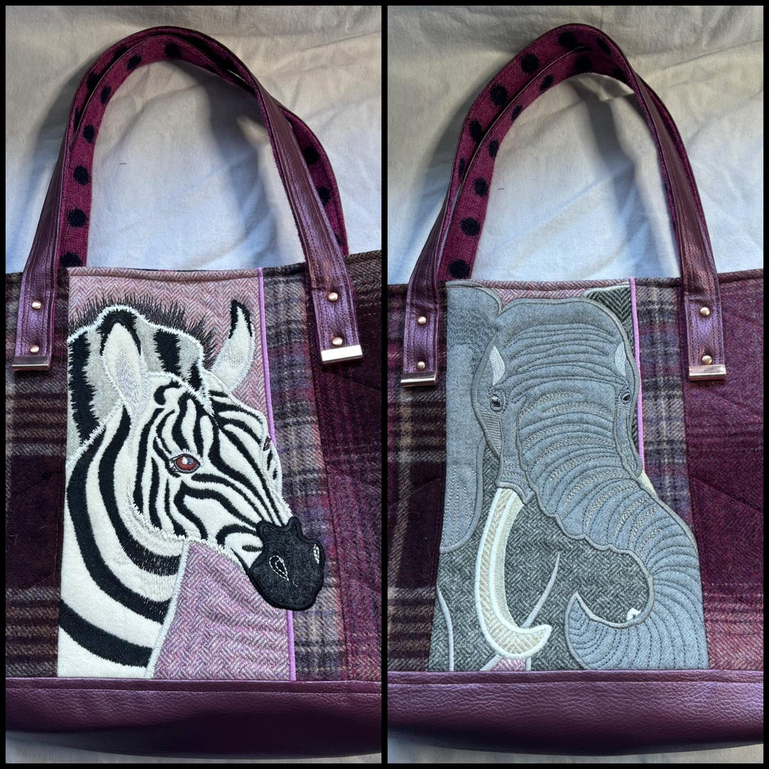 African Animal Themed Wool Tweed Tote Bag One Side Has an Embroidered ...