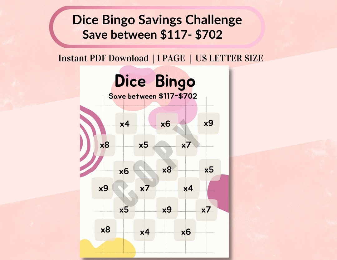 Dice Bingo Savings Challenge, PDF Printable, Money Savings Challenge ...