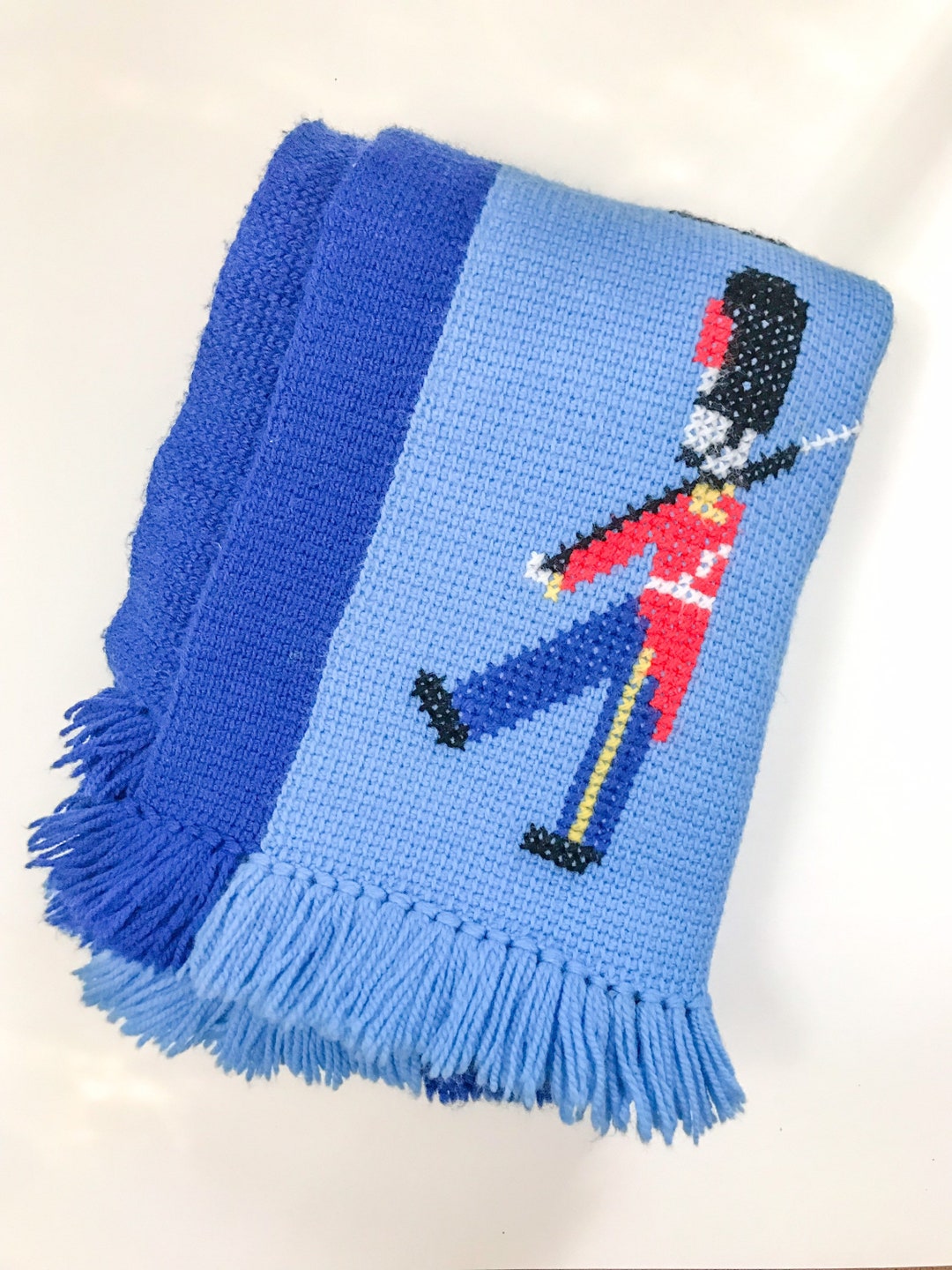 Toy Soldier Knit & Cross Stitched Throw Blanket // Vintage Holiday ...