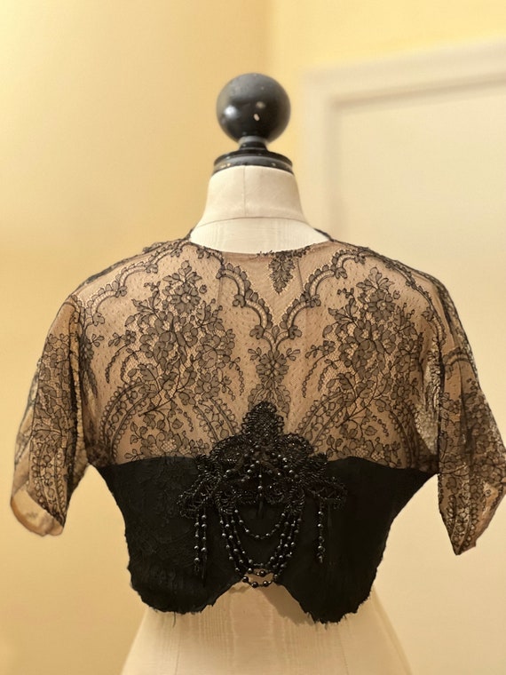 1930s Black Silk Chantilly Lace Art Deco Couture Top … - Gem