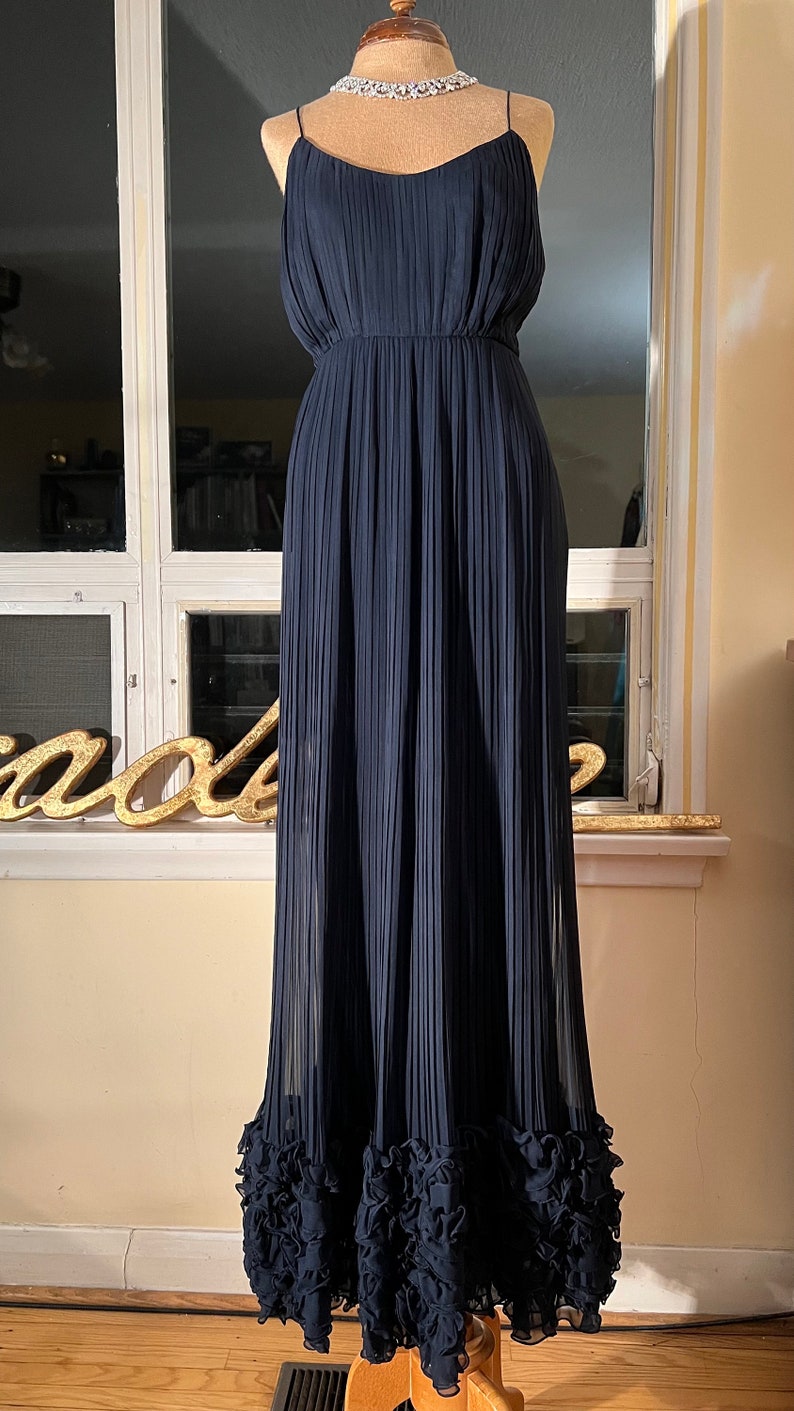 1960s Luxurious Bergdorf Goodman Navy Silk Chiffon Multi Pleating Long ...