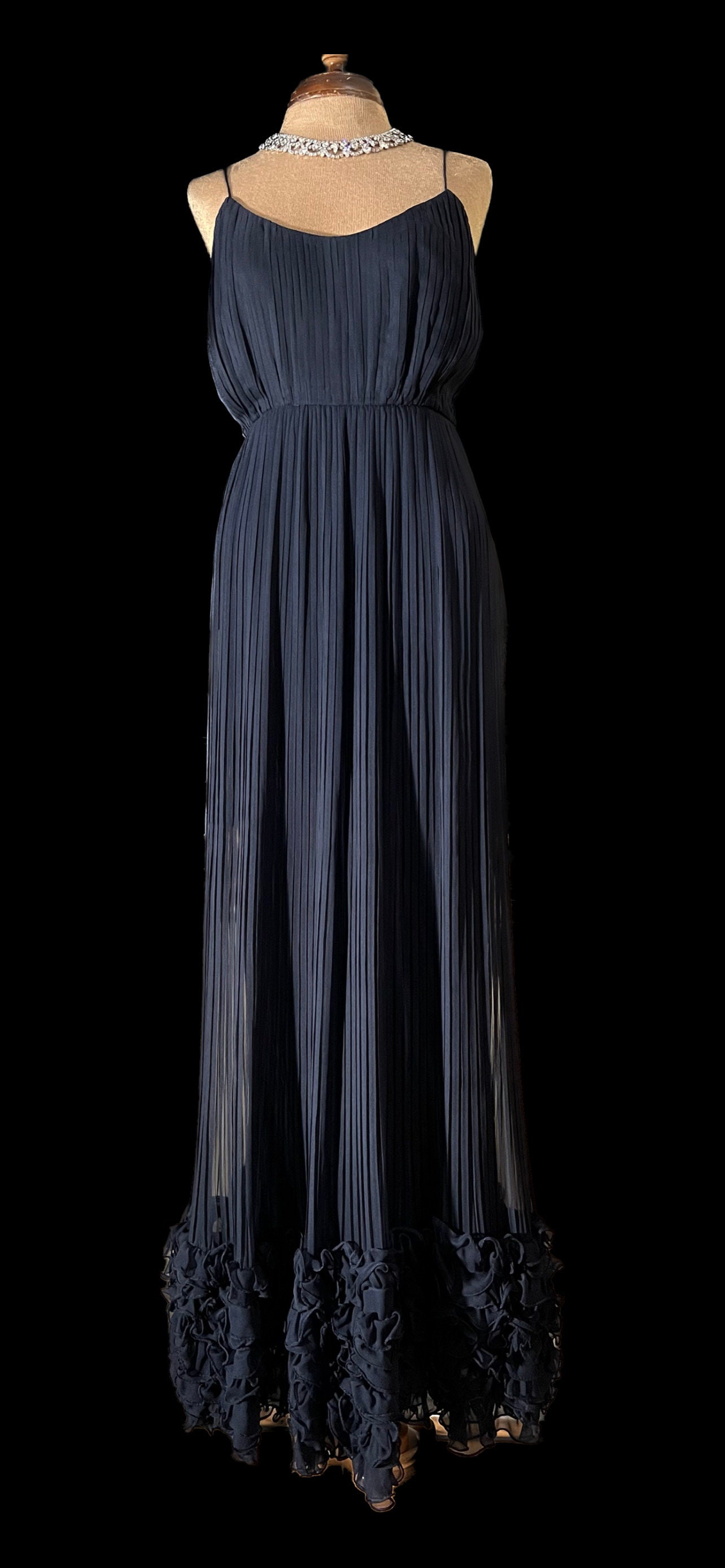 1960s Luxurious Bergdorf Goodman Navy Silk Chiffon Multi Pleating Long ...