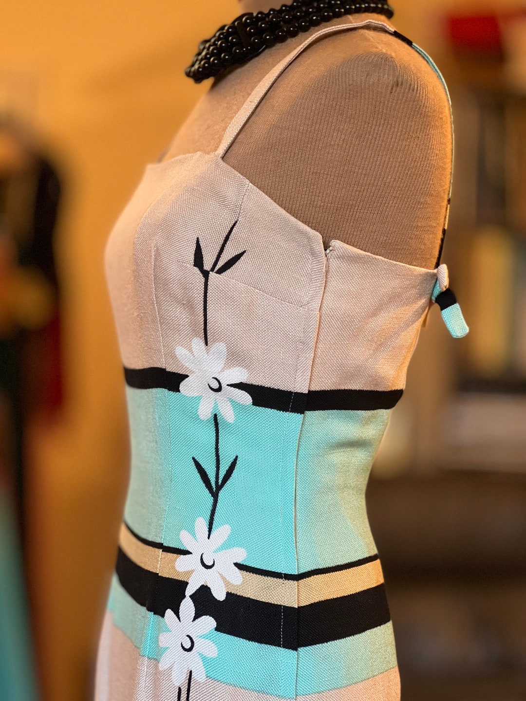 1960s Daisies and Stripes Strappy Designer “frederick Starke” Cream ...