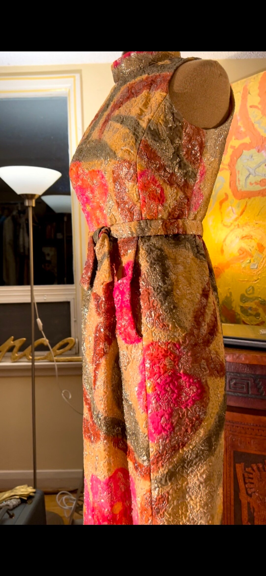 1960s English Designer Frank Usher Gold, Pink and Green Silk Lurex and ...