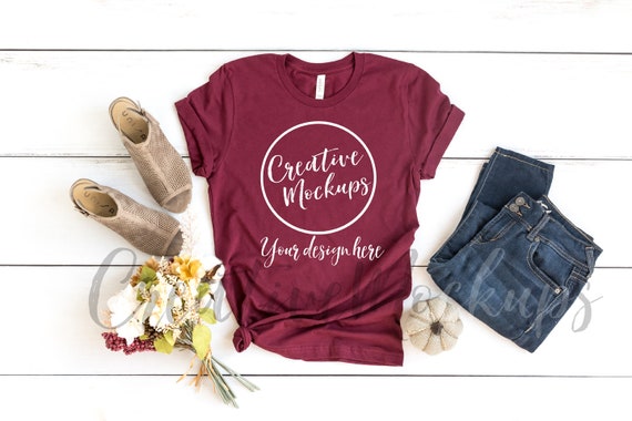 Bella Canvas Maroon Fall Shirt Mockup 3001 / Feminine Flat | Etsy