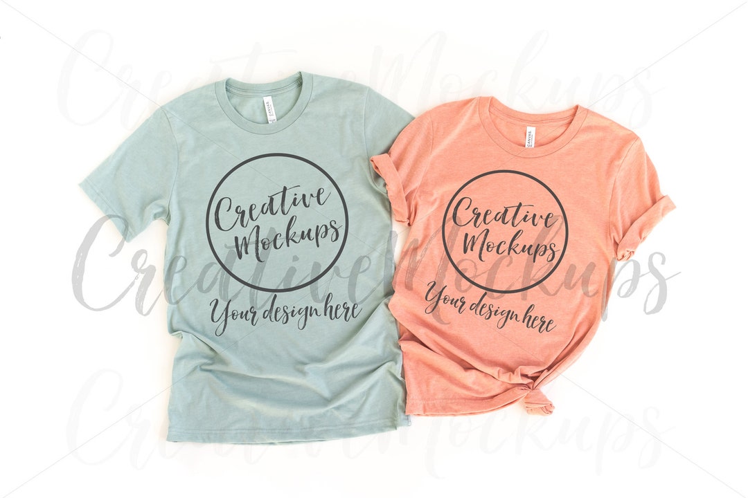 Bella Canvas Heather Dusty Blue and Heather Sunset Shirt Mockup / His ...