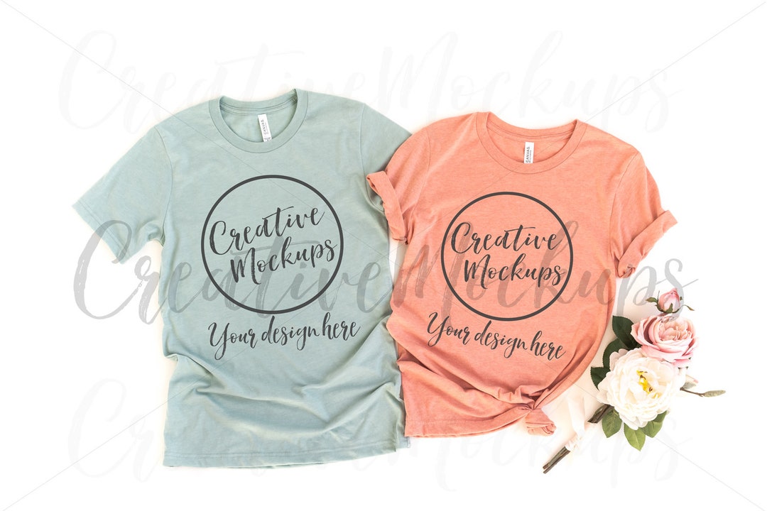 Bella Canvas Heather Dusty Blue and Heather Sunset Shirt Mockup / His ...