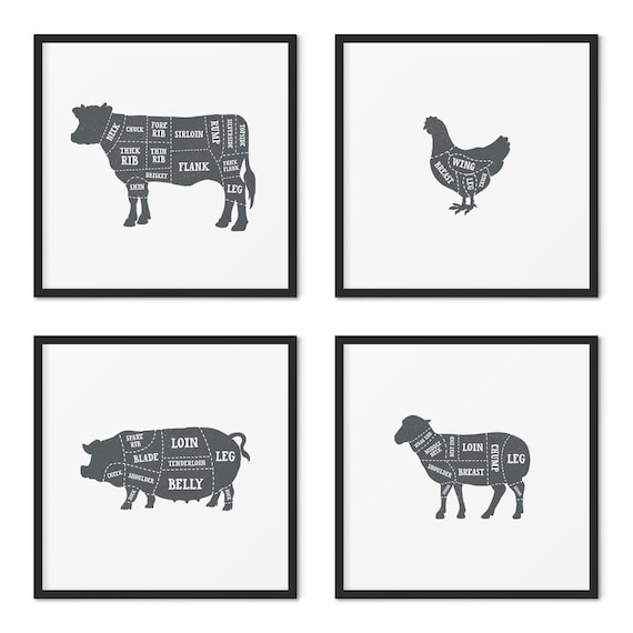 Butcher diagram prints Butcher poster Set of 4 butcher prints Butcher ...