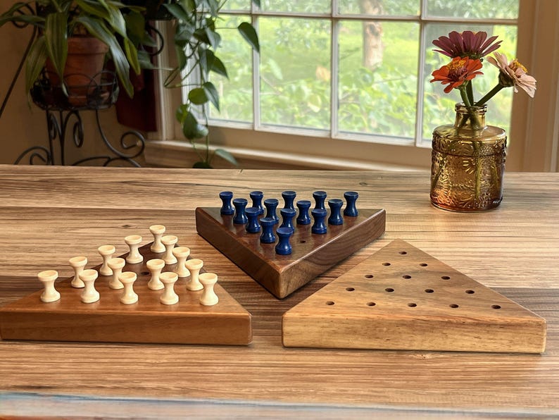 Triangle Peg Solitaire Game, Solid Walnut, Wooden Pegs (one Game ...