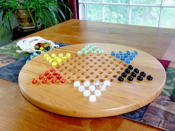 Chinese Checkers and Solitaire 2 in 1 Wooden Game Board 16.5 Inches With Fancy Glass Marbles Etsy