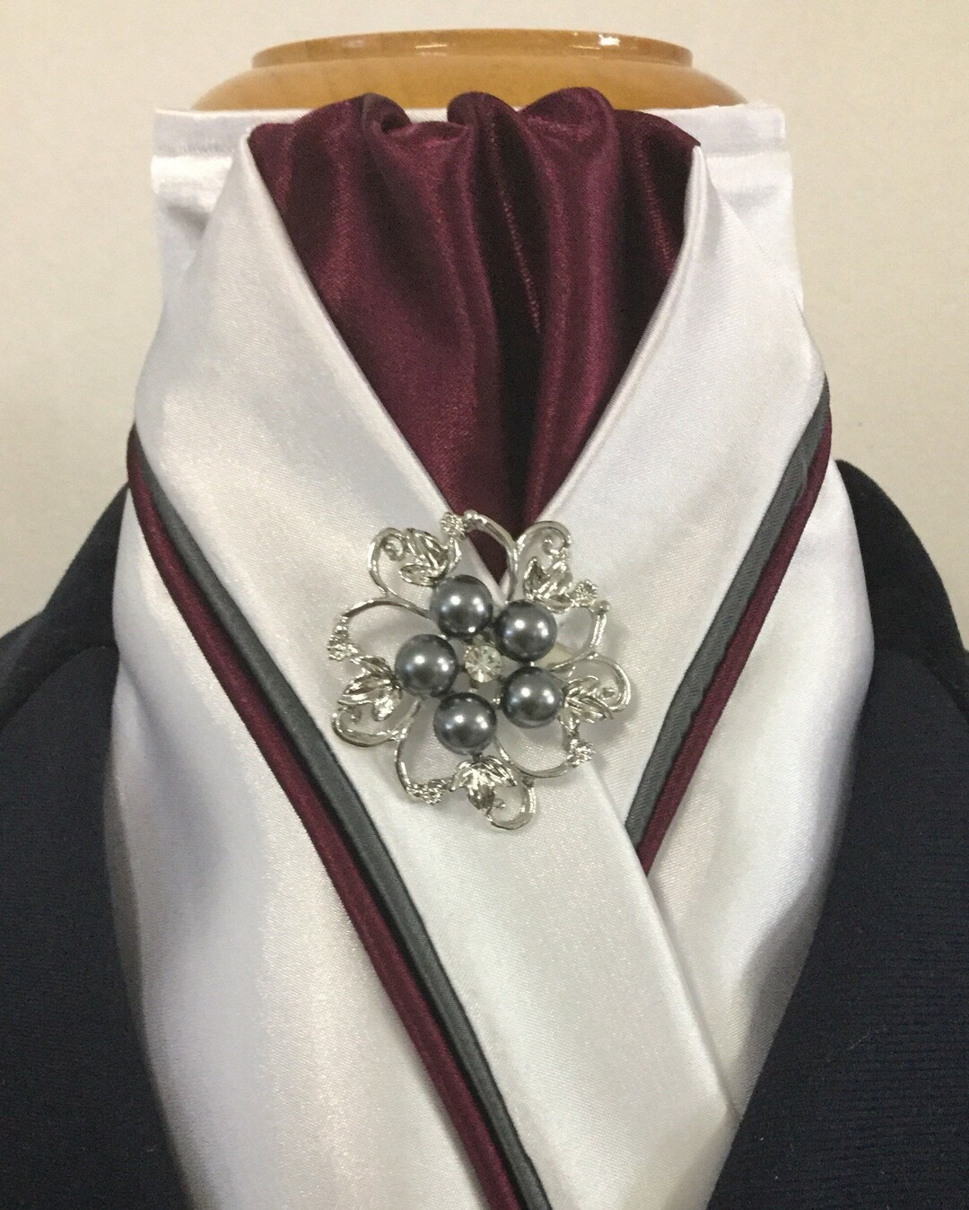 HHD White Satin Custom Equestrian Dressage Stock Tie in Burgundy and ...