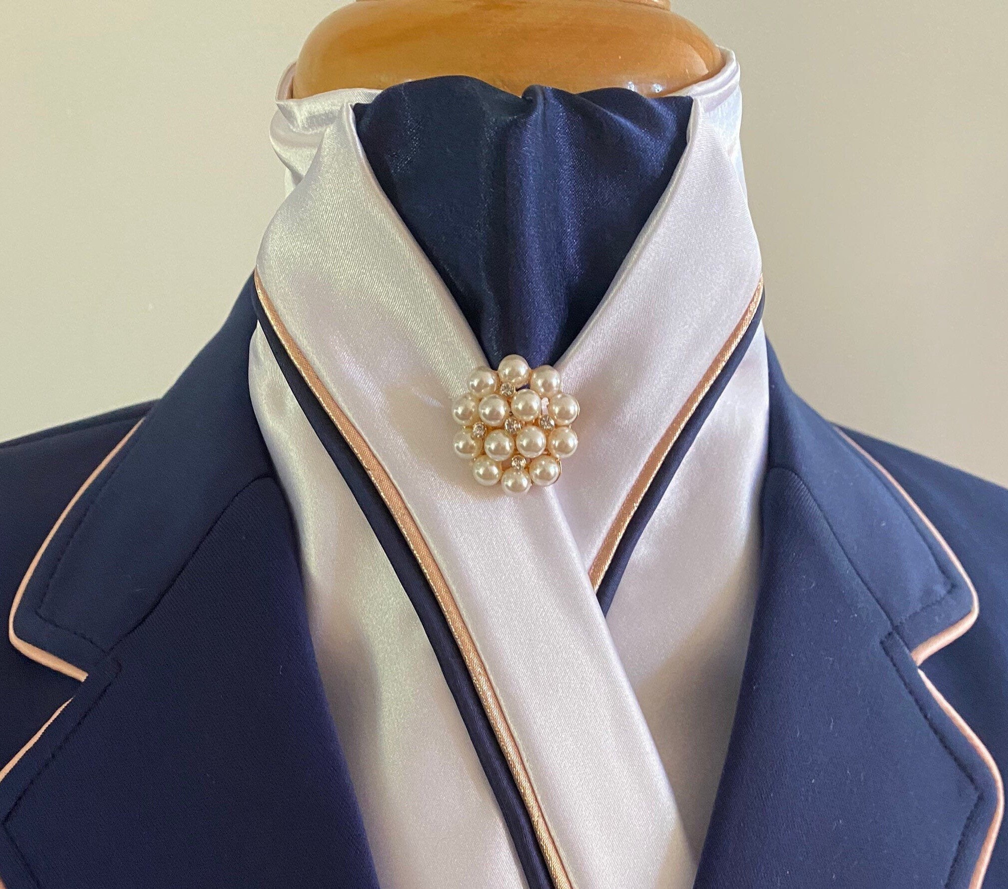 HHD White Satin Custom Equestrian Dressage Stock Tie Rose Gold & Navy ...
