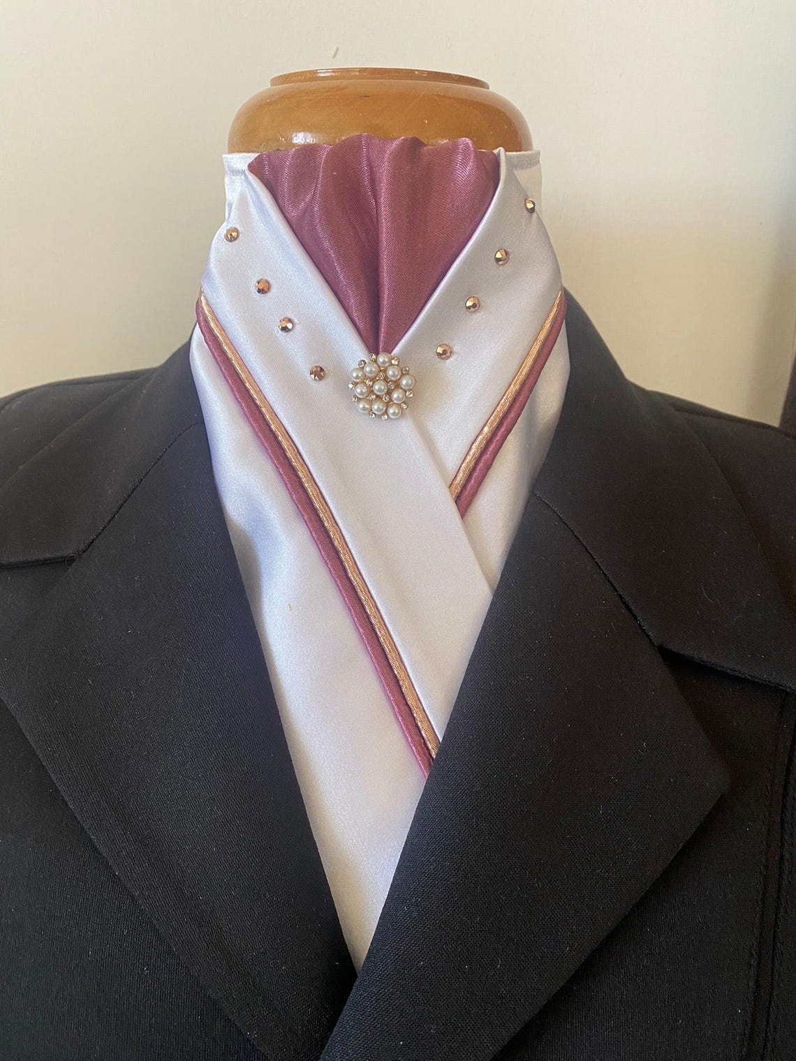 HHD White Custom Dressage Equestrian Stock Tie in Rose Gold & Grape ...