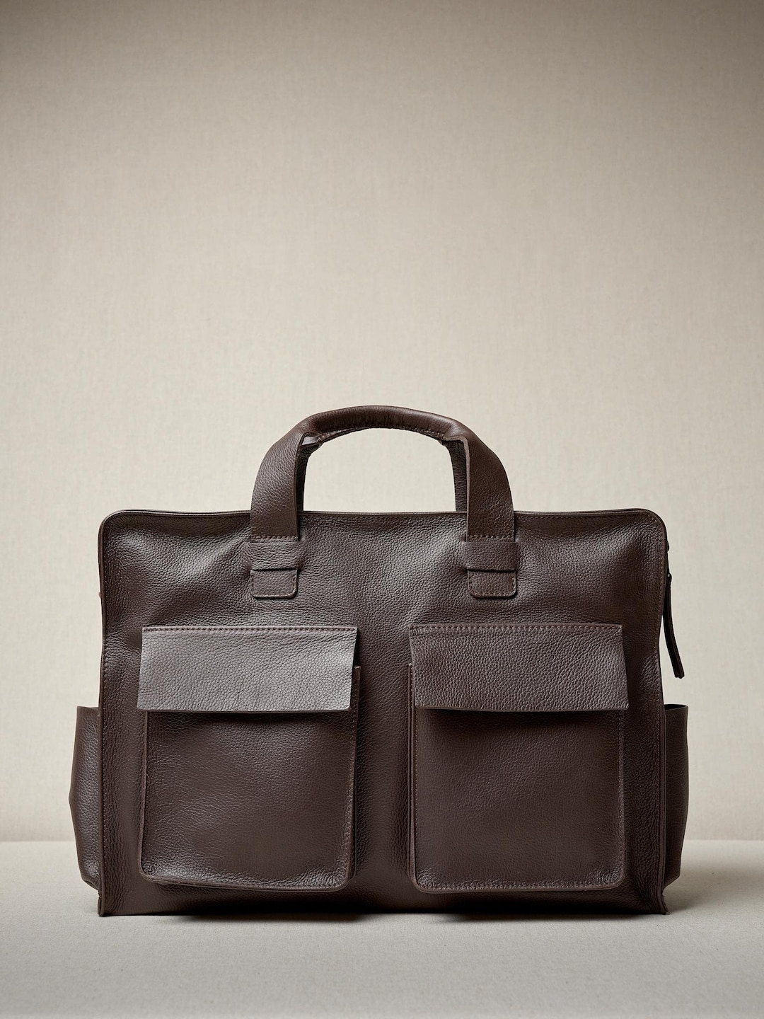 Dark Brown Double Pocket Briefcase, Leather Laptop Portfolio, Briefcase ...