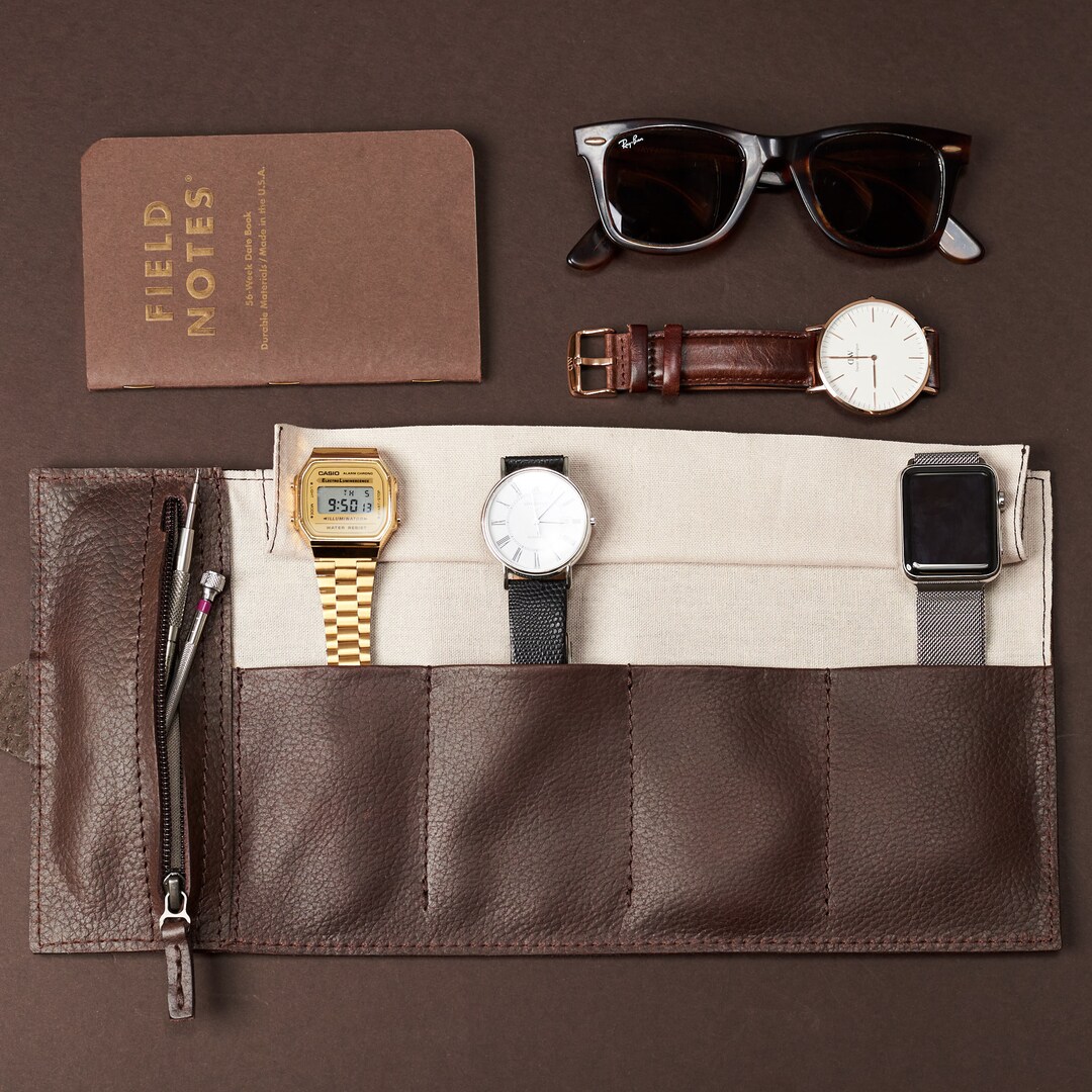 Dark Brown Leather Watch Roll, 3-6 Watches, Men Travel Watch Storage ...
