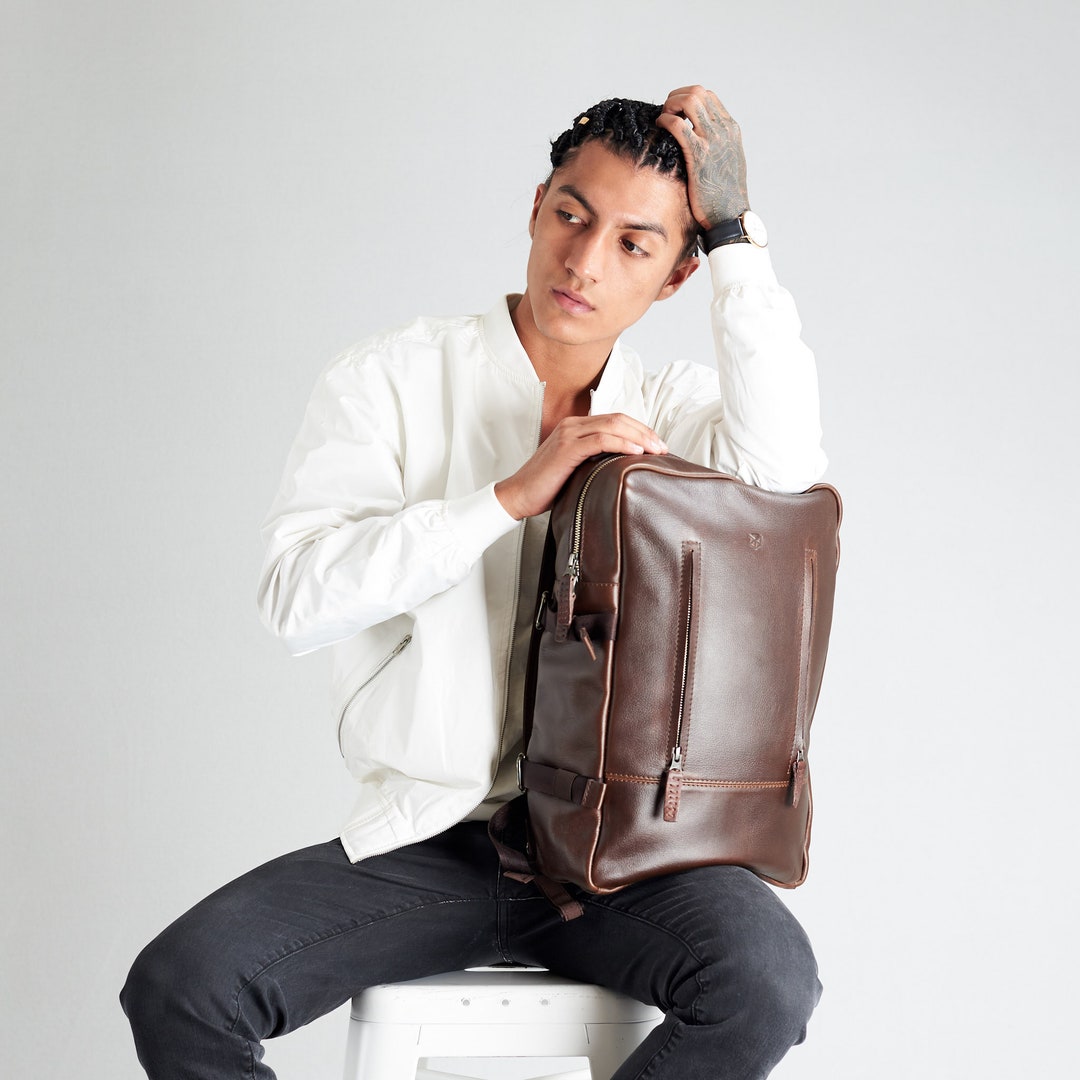 Dark Brown Leather Laptop Backpack Men. Travel Rucksack, MacBook Pro 14 ...