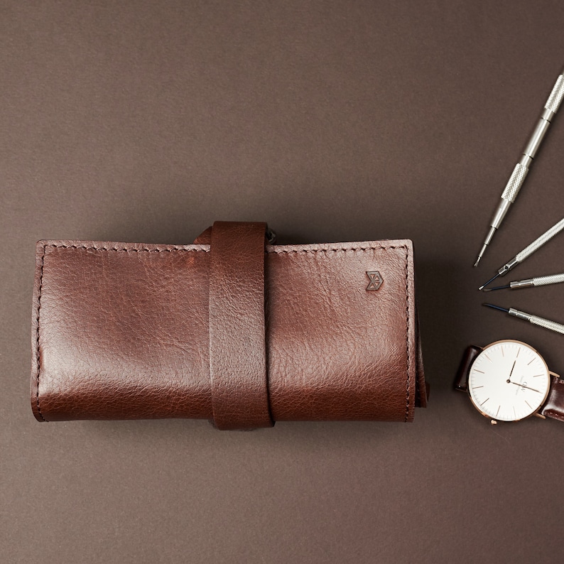 Brown Leather Watch Roll, 3-6 Watches, Men Travel Watch Storage Pouch ...