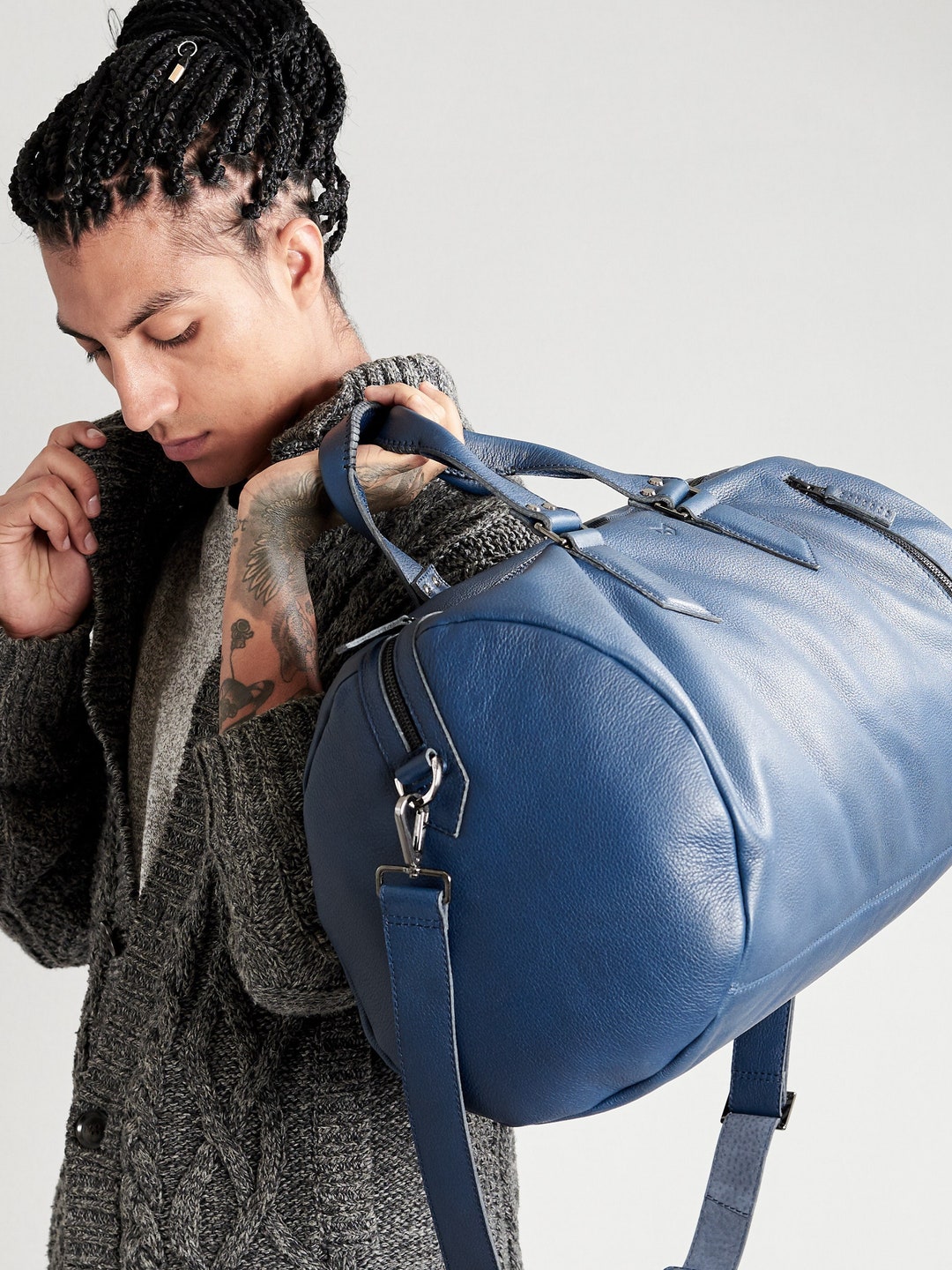 Blue Leather Duffle Bag Men Small, Shoulder Travel Weekender Shoe ...