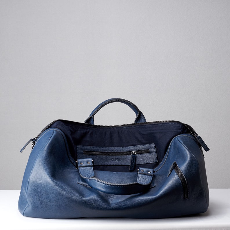 Blue Leather Duffle Bag Men Medium Shoulder Travel Weekender | Etsy