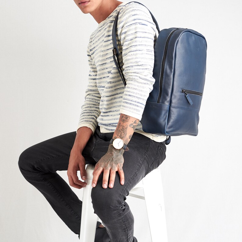 Navy Leather Backpack Laptop Men Handmade Travel Bag Camera Rucksack ...