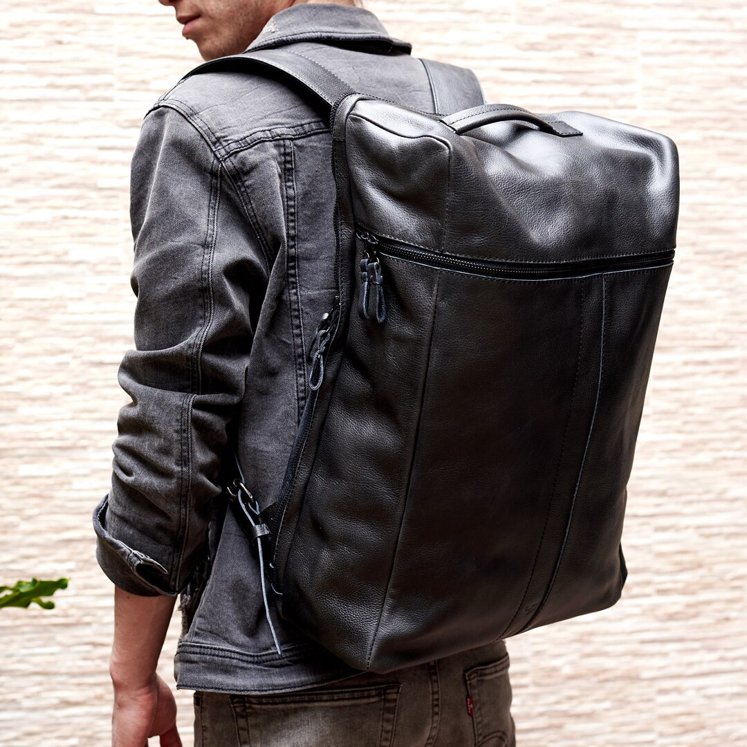 Black Leather Laptop Backpack, Travel Rucksack MacBook Pro 16 for Men ...